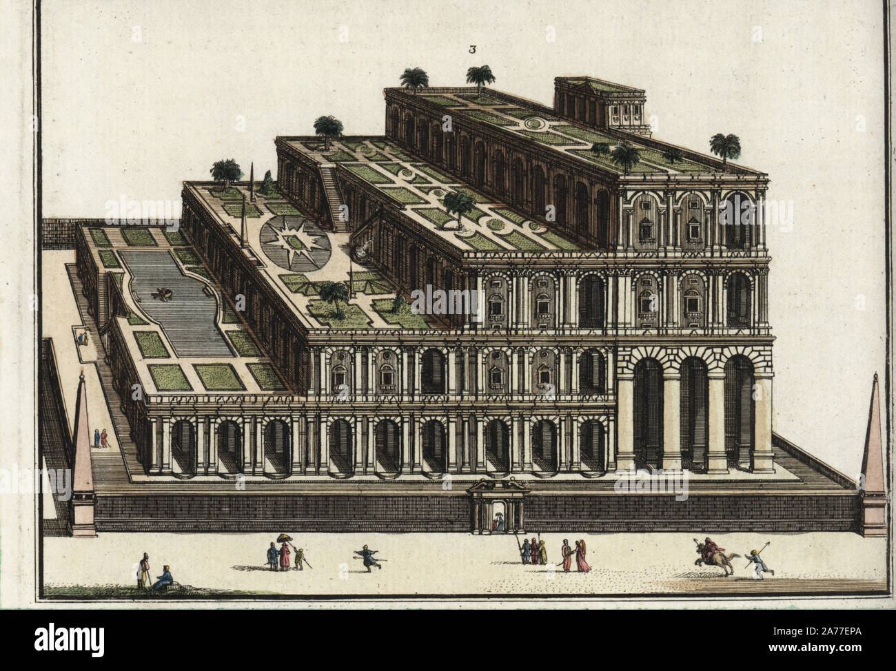 Giardini pensili di Babilonia. Handcolored incisione su rame da ...