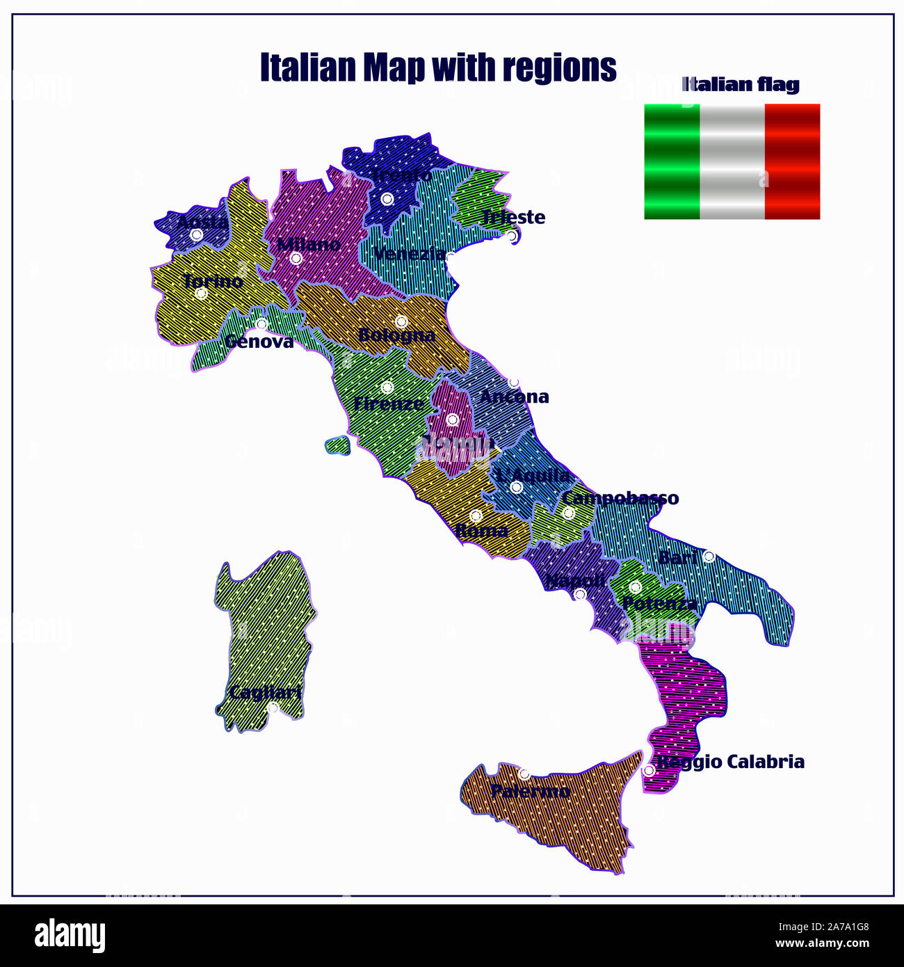 Mappa dell'Italia. Luminoso con illustrazione colorata mappa italiano ...
