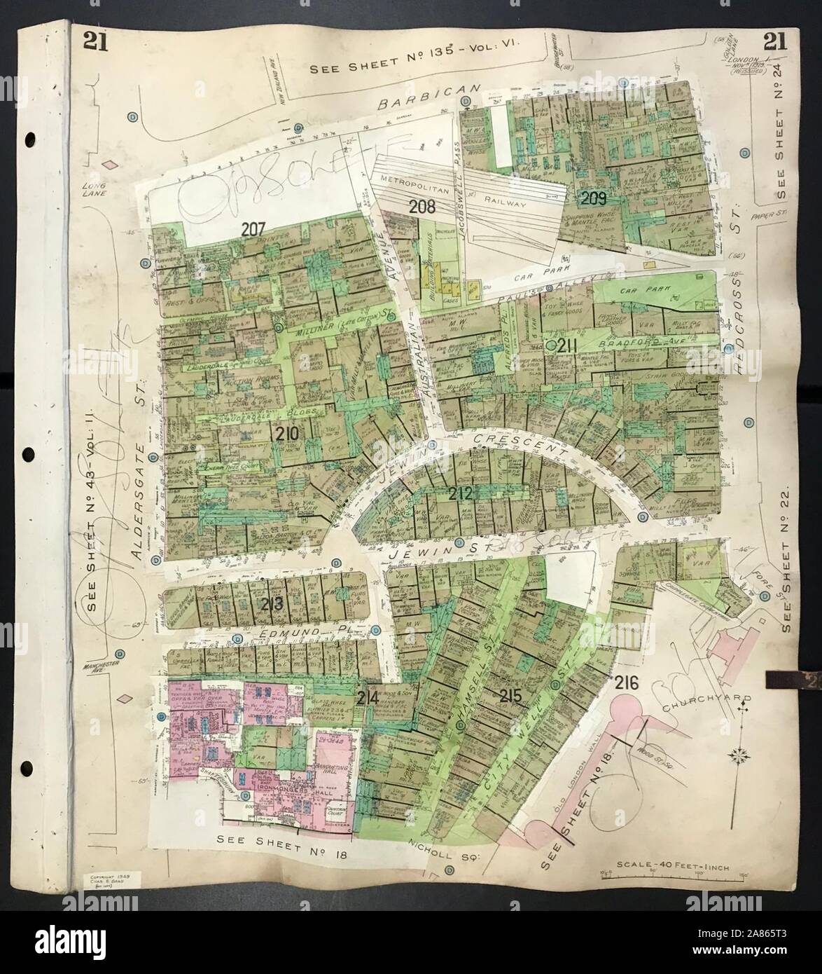 London EC2Y CE1A Barbican pre-WW2 bomba danni. Jewin Street pungolo ...