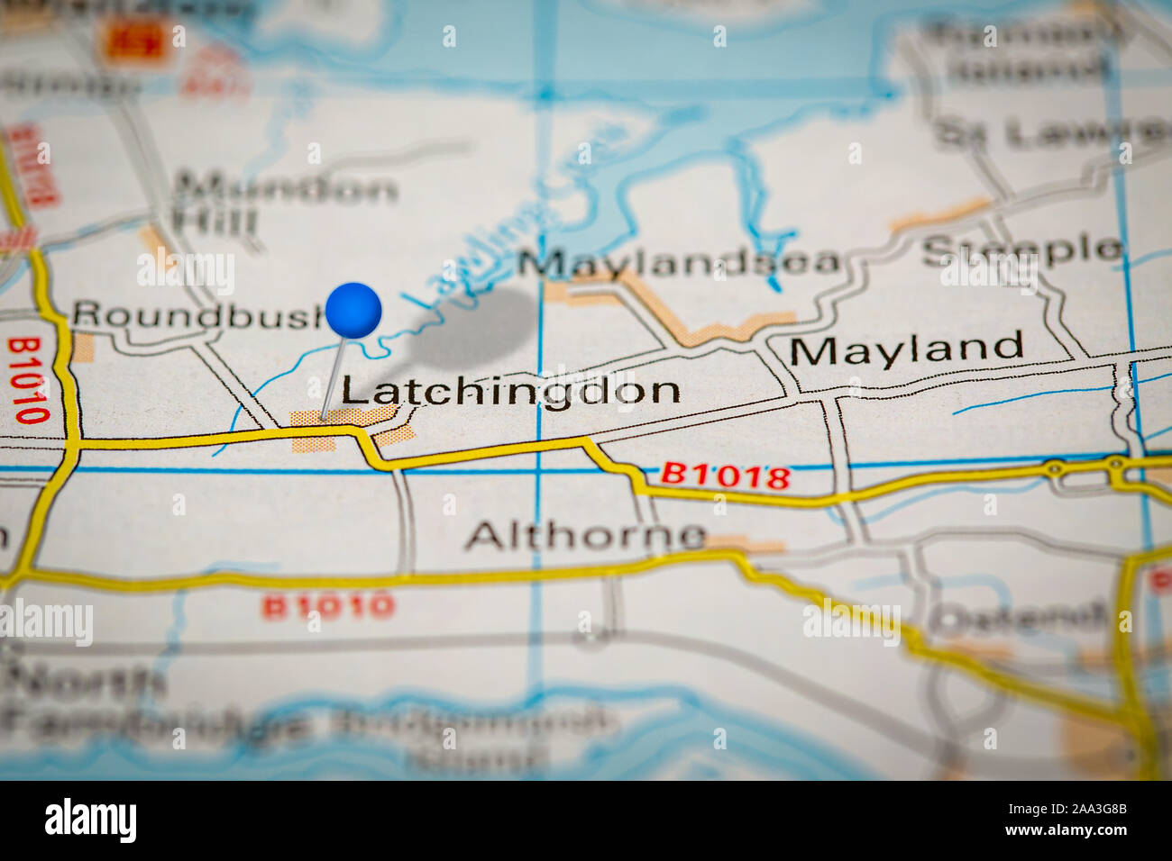 Mappa blu pin su carta mappa mostrando Latchingdon Foto stock - Alamy