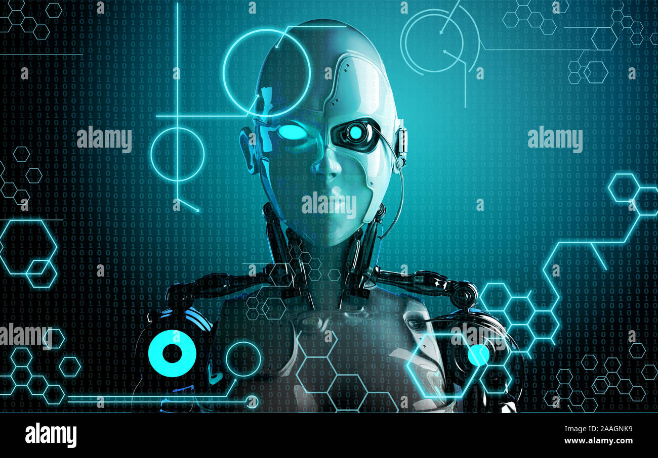 La tecnologia robot androide donna sfondo con un cyborg sci-fi girl 3D ...