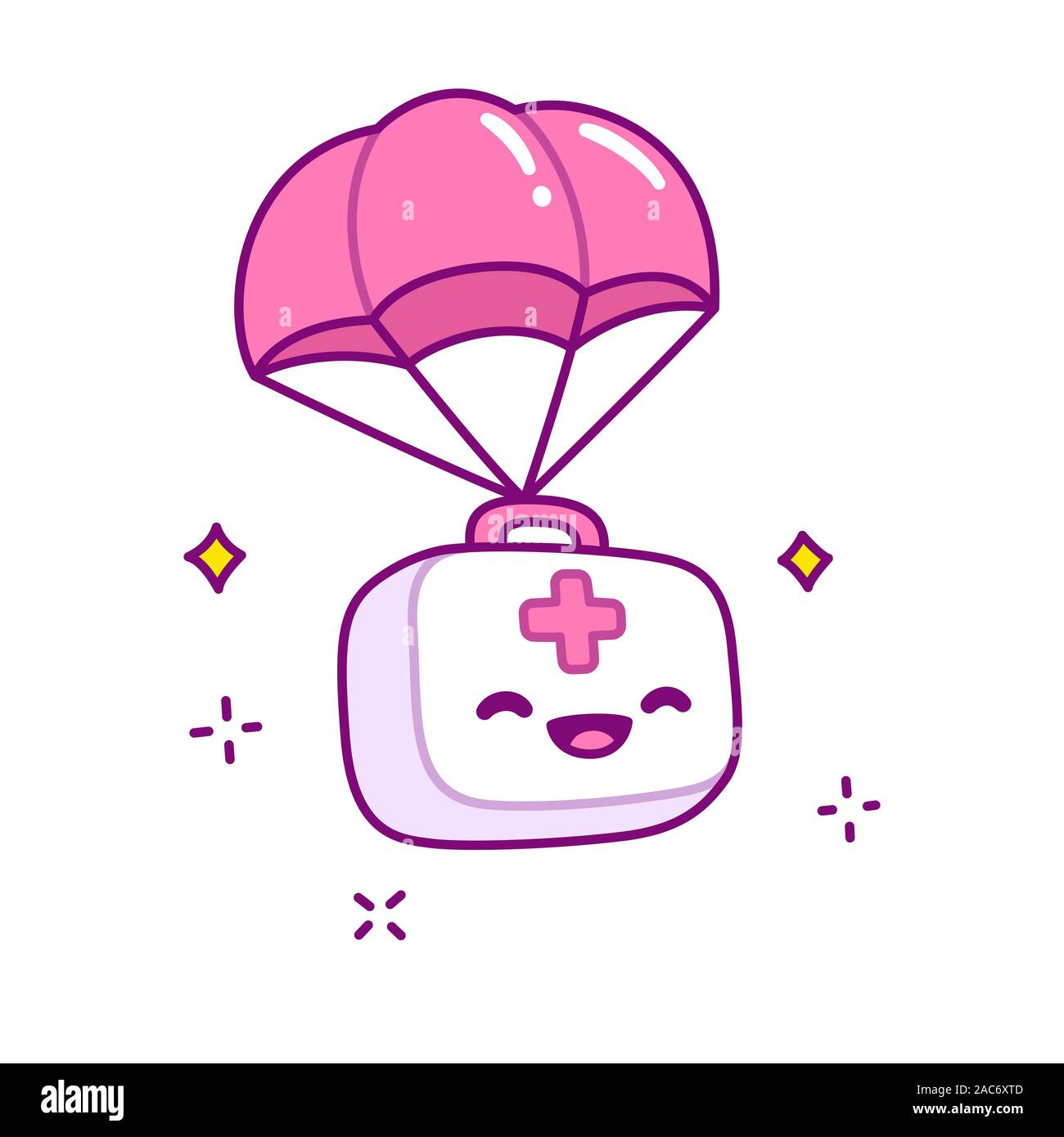 Cartoon carino kit di primo soccorso che cade con paracadute, forniture ...