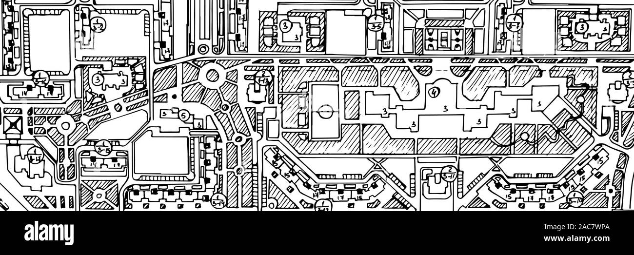 Doodle mappa della città texture. Architettura urbana piano, disegno tecnico. Mappa stradale ...