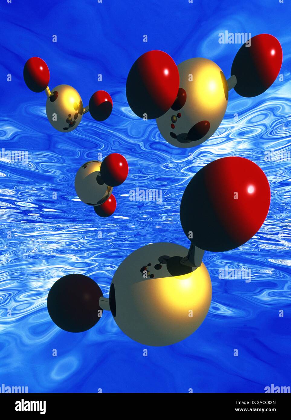 L'acqua. Computer illustrazione delle molecole di acqua. Le sfere rosse ...