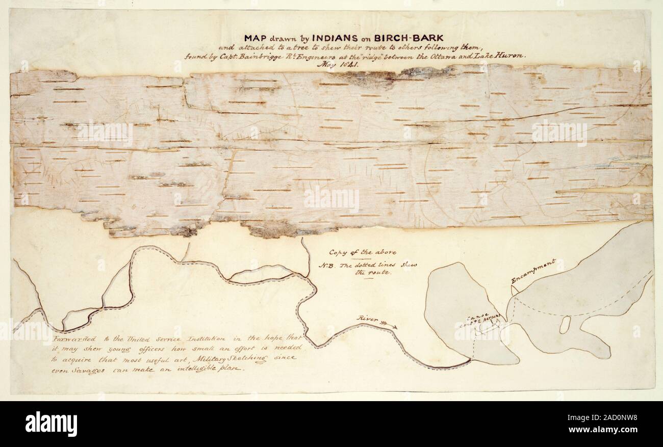 Nativi Americani di betulla corteccia mappa. Xix secolo mappa tracciata ...