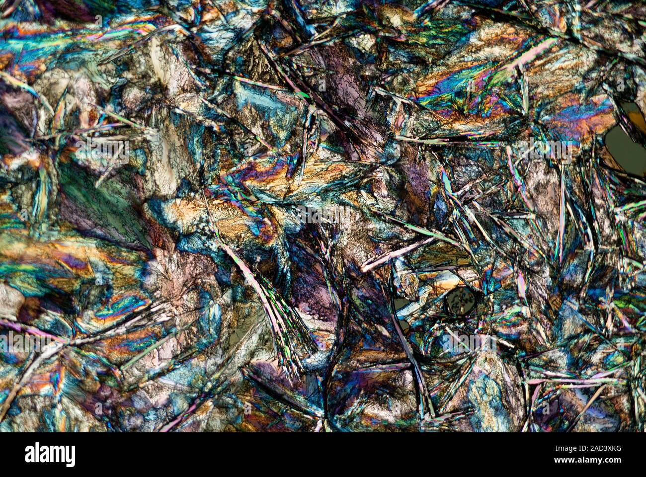 La luce polarizzata micrografia di stearina, C57H110O6, noto anche come ...