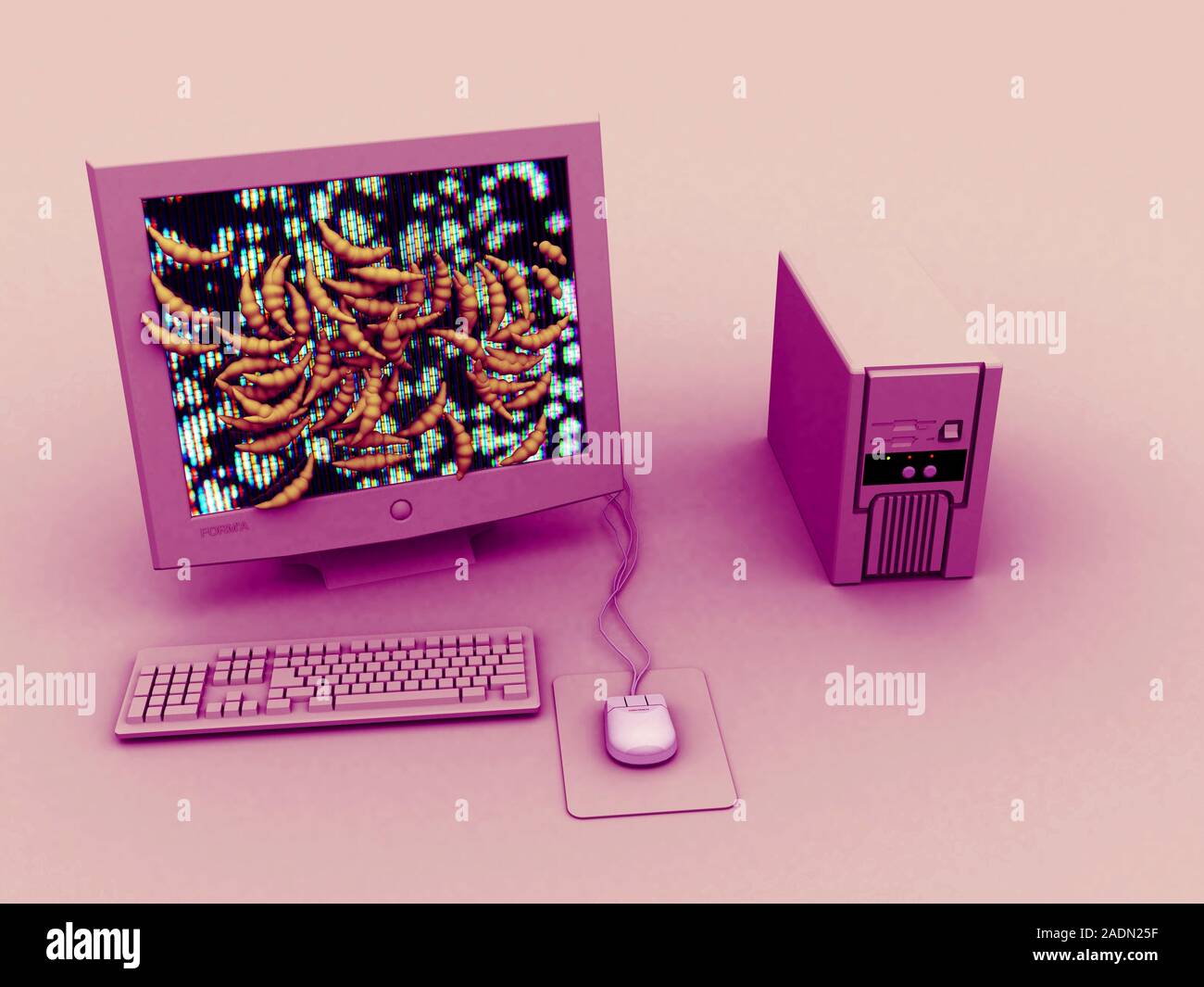Computer worm. Computer grafica di un worm che emergono dallo schermo ...