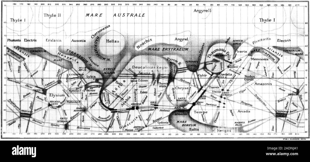 Canali su Marte, mostrato su una mappa di Marte pubblicato nel 1890 ...