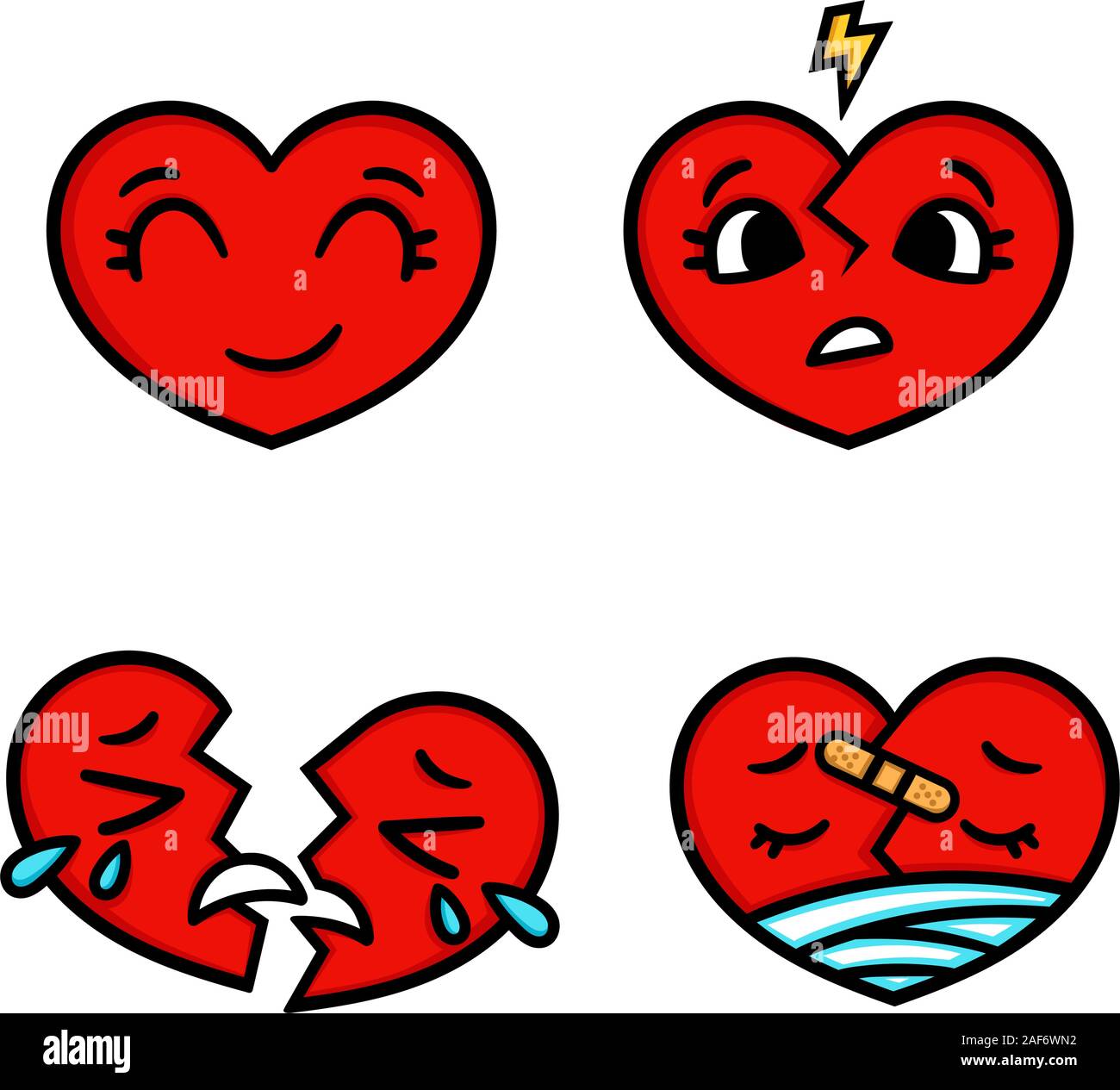 Cartoon carino emoticon cuori, felice, triste, rotto. Doodle stile ...