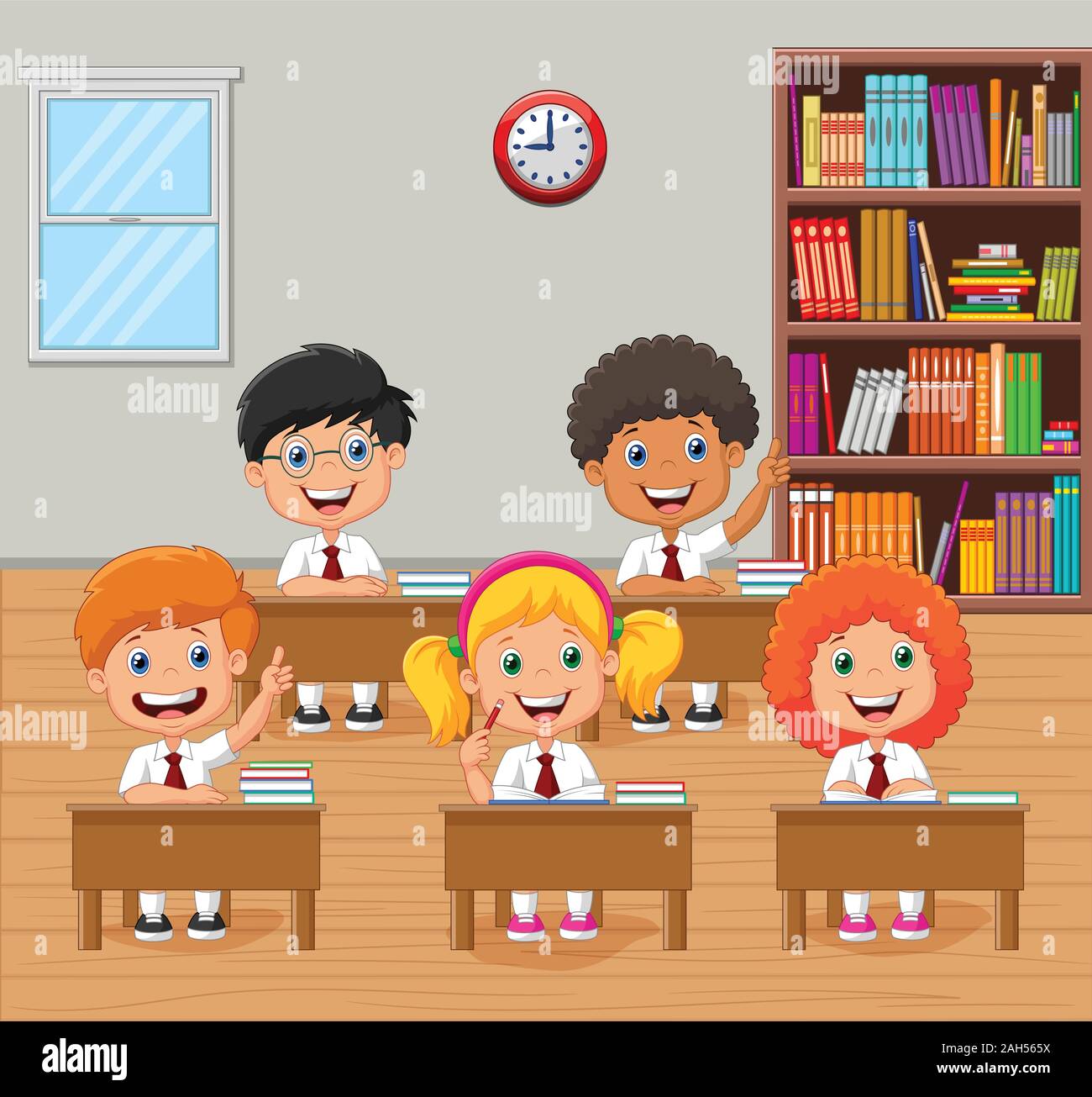 Scuola di Cartoon kids alzando la mano in classe Immagine e Vettoriale ...