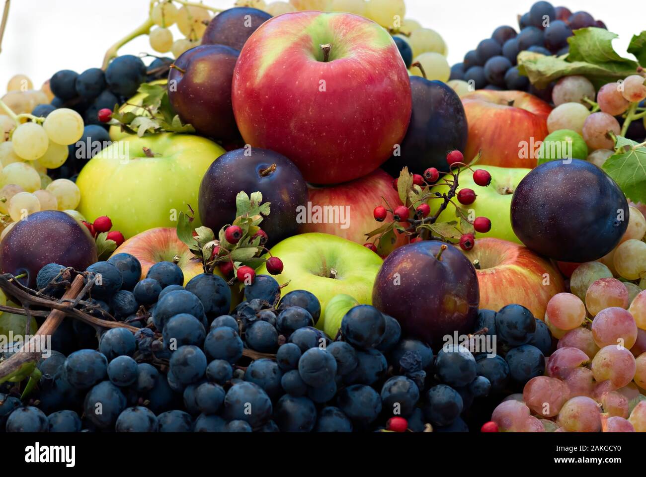 Assortimento di frutta autunnale con uva immagini e fotografie stock ad ...