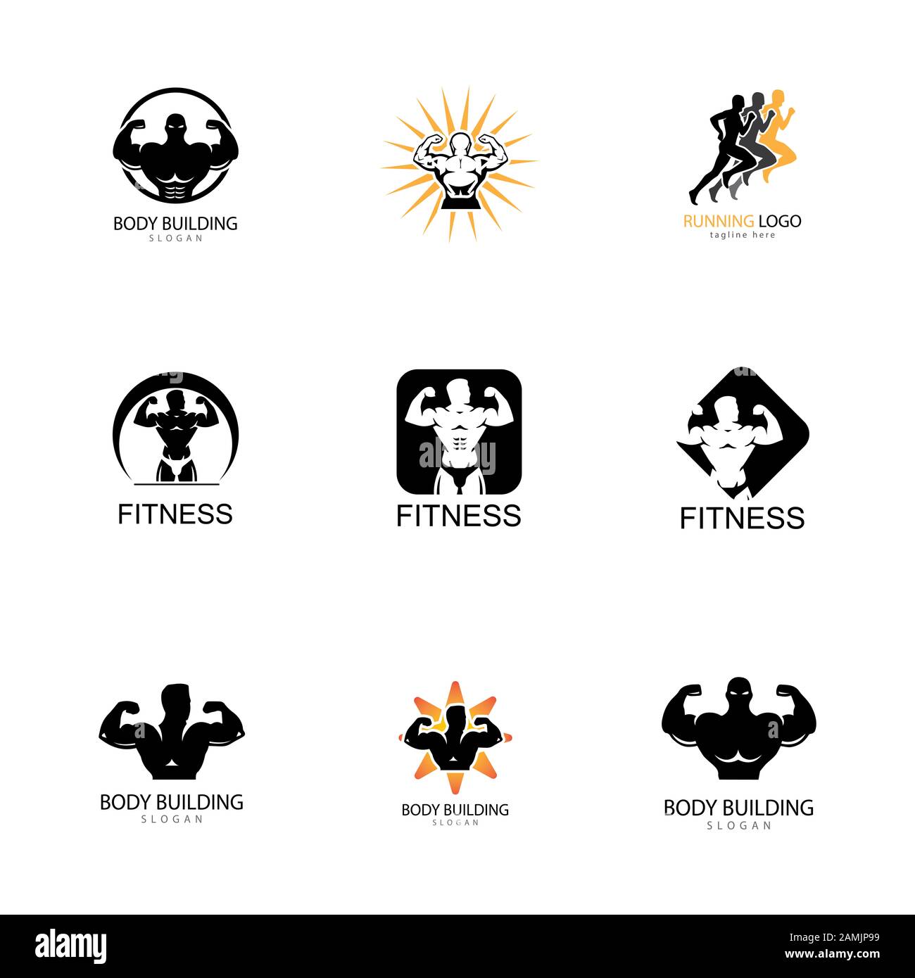 simbolo, palestra, modello, badge, forte, design, muscolo, elemento ...