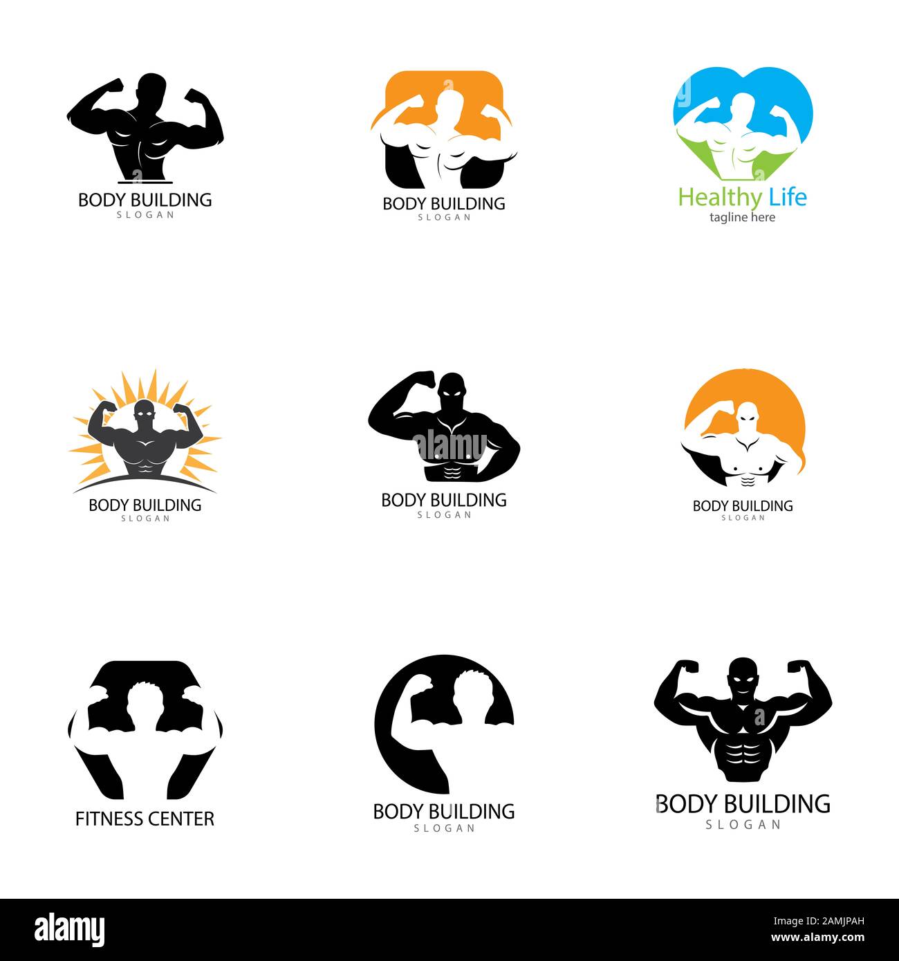 simbolo, palestra, modello, badge, forte, design, muscolo, elemento ...