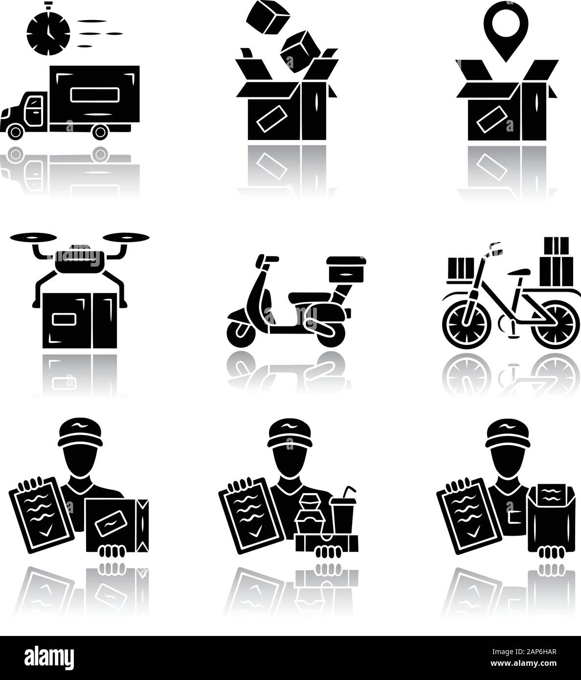 Consegna drop shadow black glifo set di icone. Confezionamento di ...