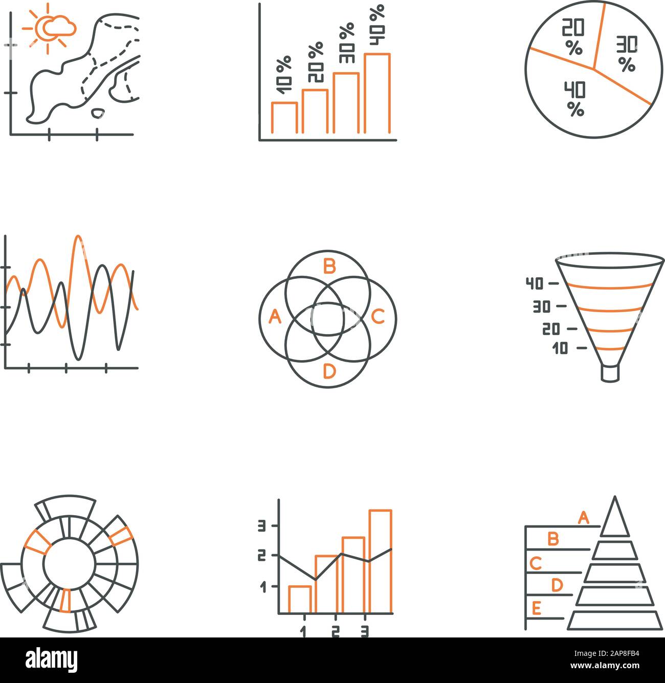 Set di icone lineari grafico e grafico. Mappa della temperatura ...