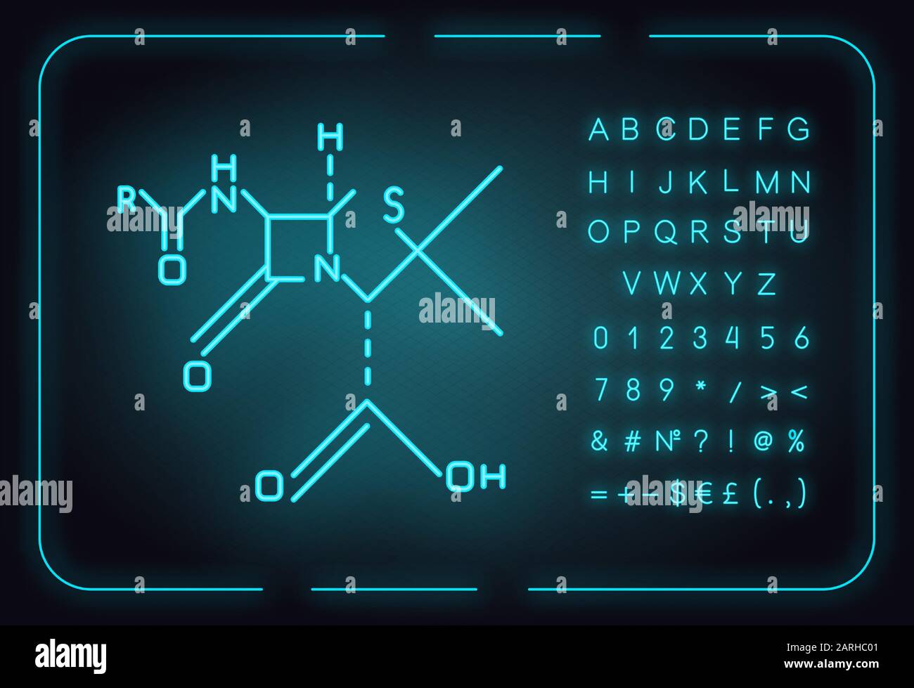 Formula molecolare chimica icona luce al neon. Disposizione di legame ...