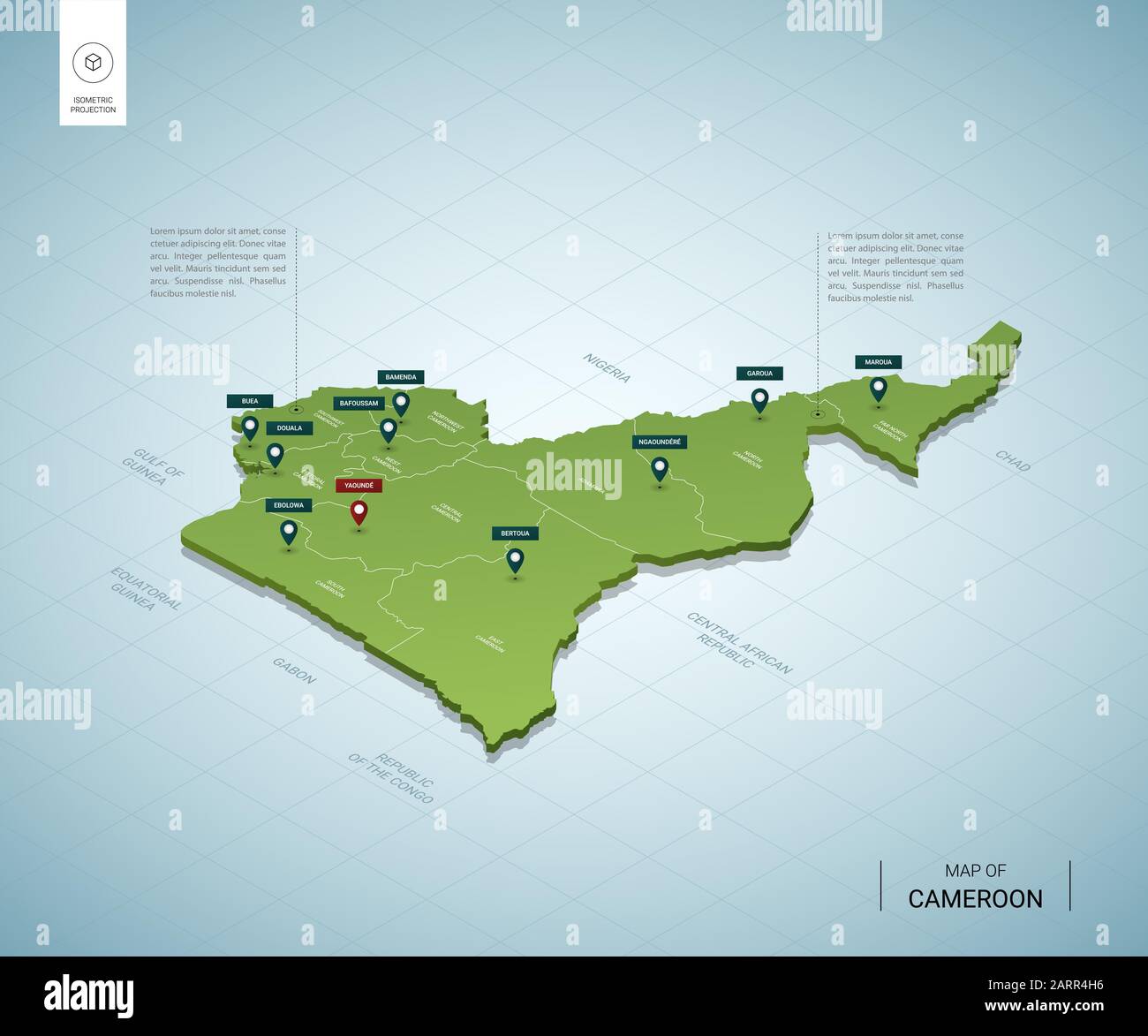 Mappa stilizzata del Camerun. Mappa verde isometrica 3D con città ...