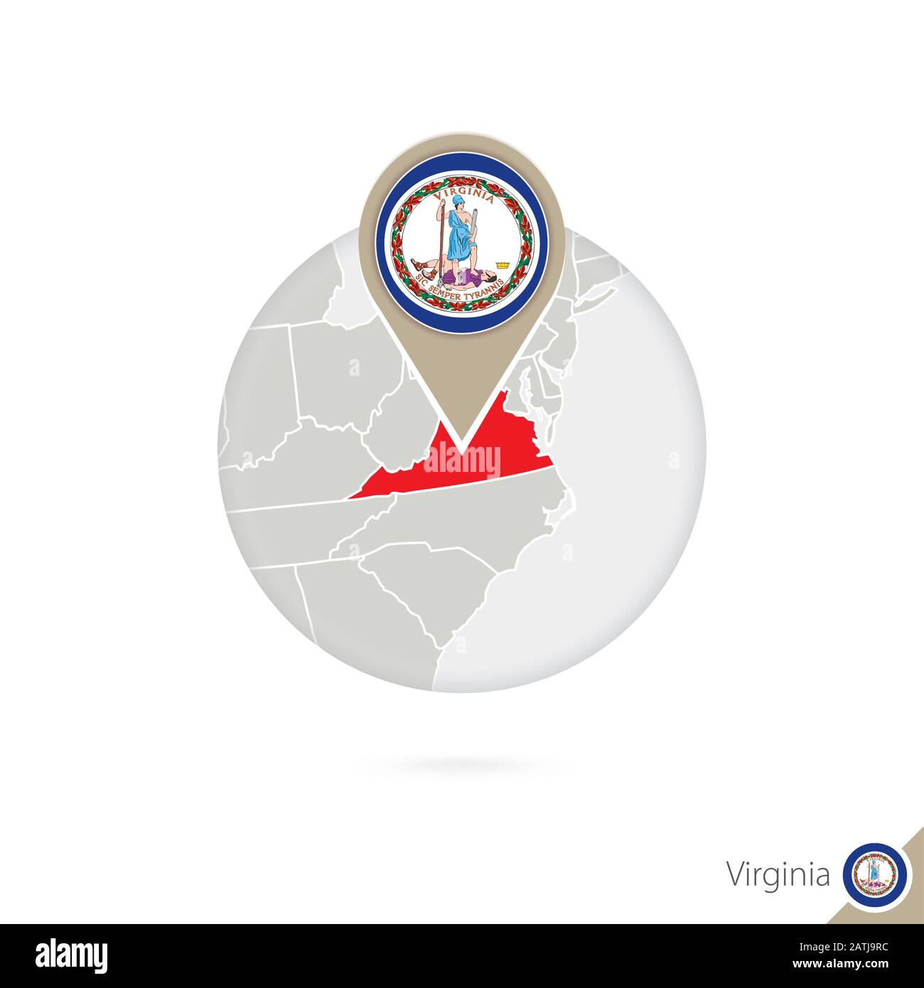 Virginia Stati Uniti mappa e bandiera in cerchio. Mappa di Virginia ...