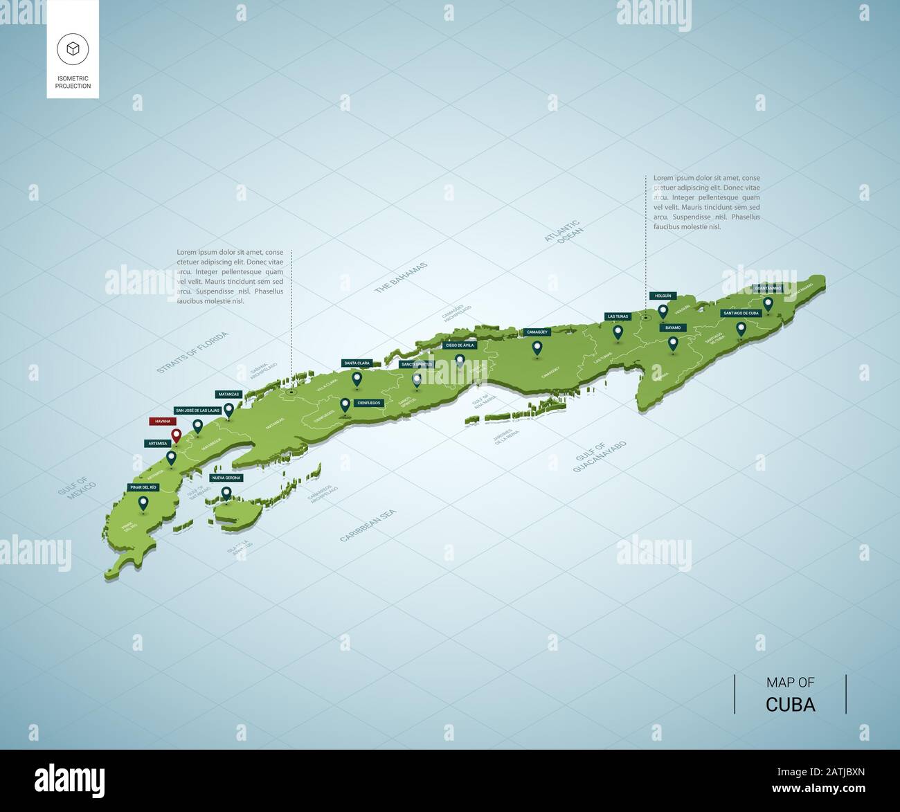 Mappa stilizzata di Cuba. Mappa verde 3D isometrica con città, confini ...