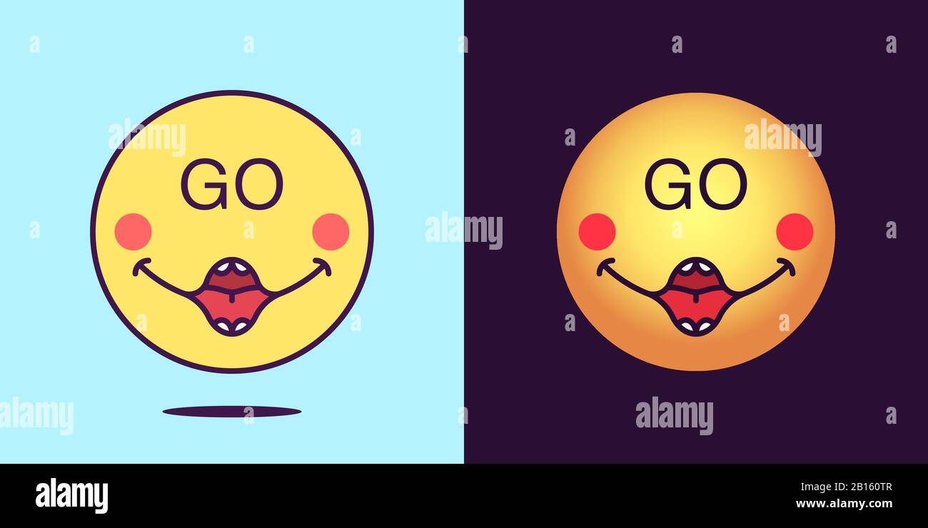 Icona del volto Emoji con frase Vai. Emoticon con text Go. Set di volti ...