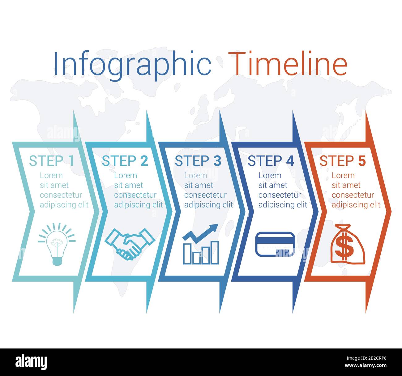Timeline le frecce infografiche sulla mappa numerate per 5 posizioni ...