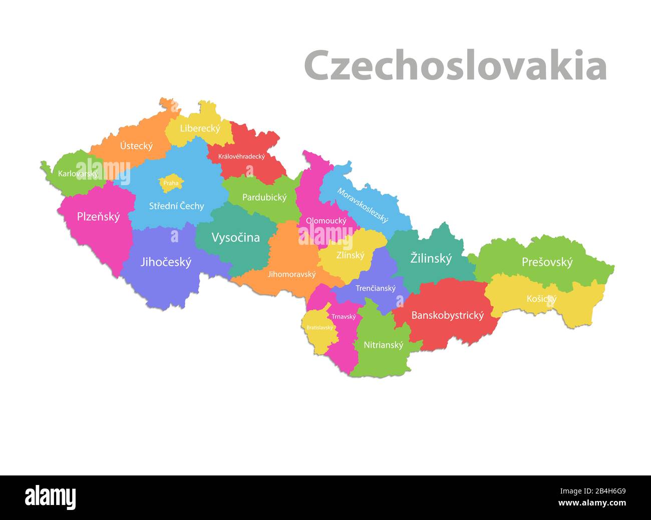 Mappa Cecoslovacchia, divisione amministrativa con nomi, mappa colori ...