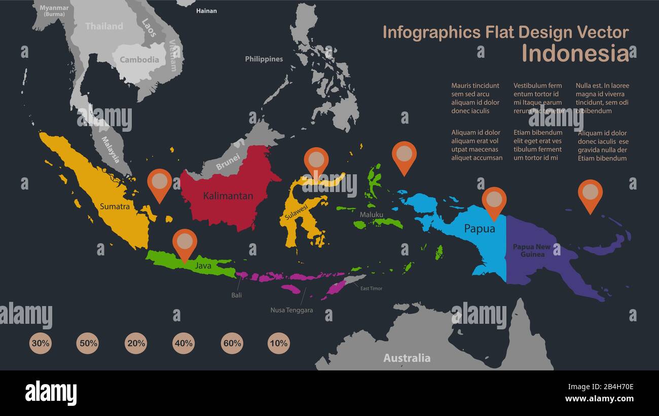 Infografiche mappa Indonesia, colori di disegno piatto, con nomi di ...