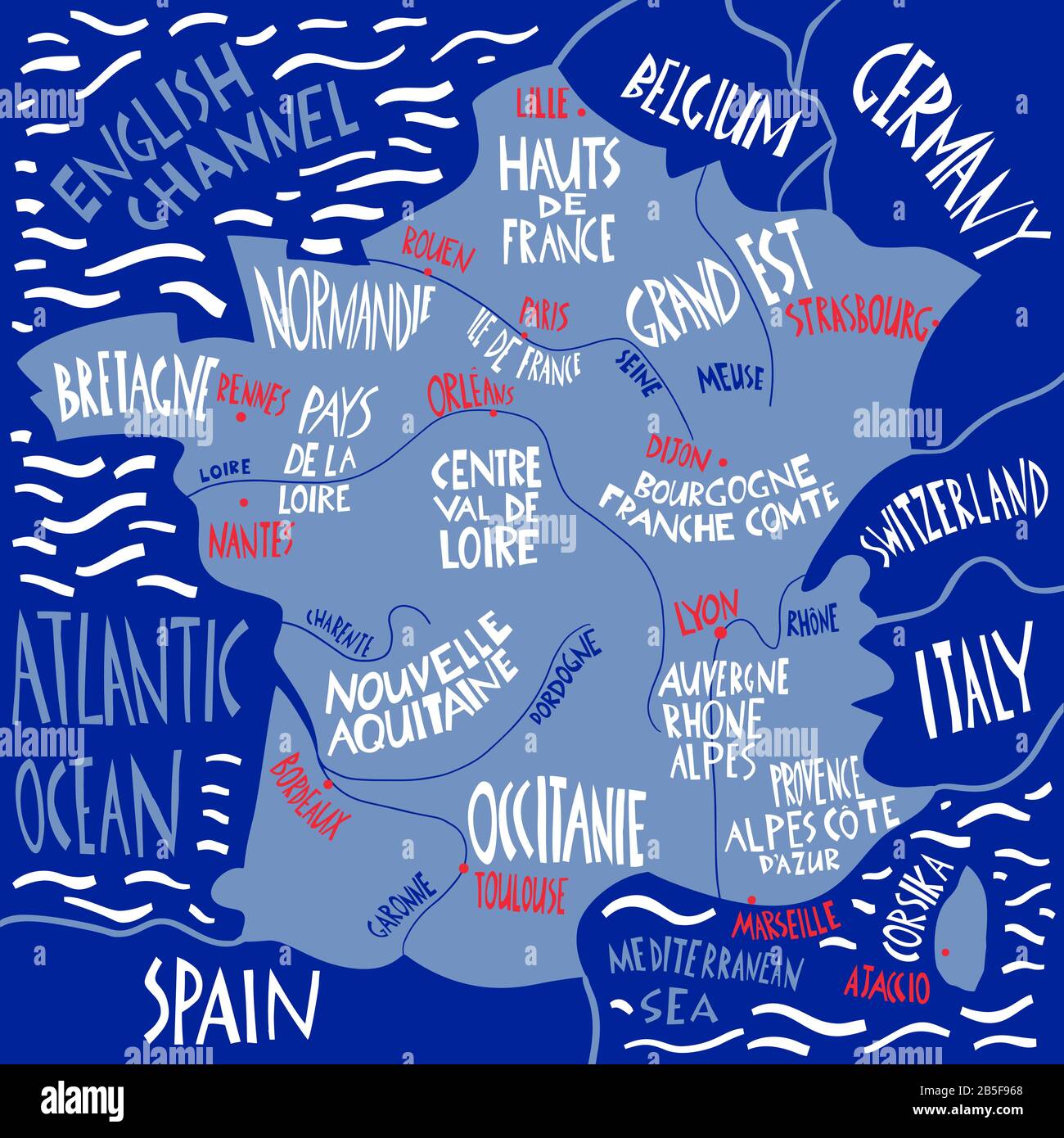 Mappa stilizzata a mano vettoriale della Francia. Illustrazione di ...