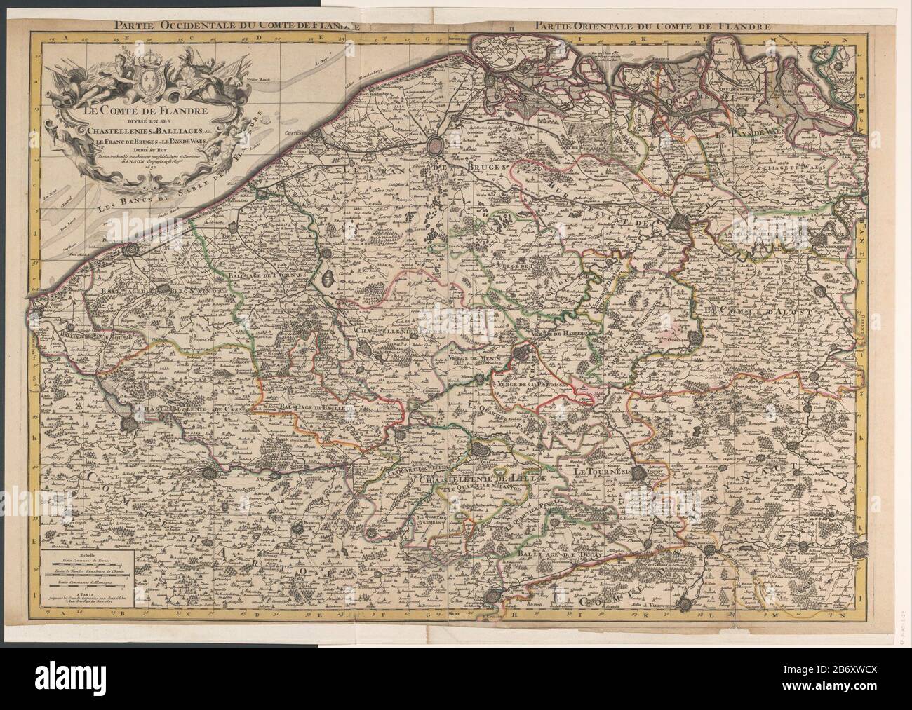 Mappa della contea delle Fiandre. Sopra a sinistra il titolo cartouche ...