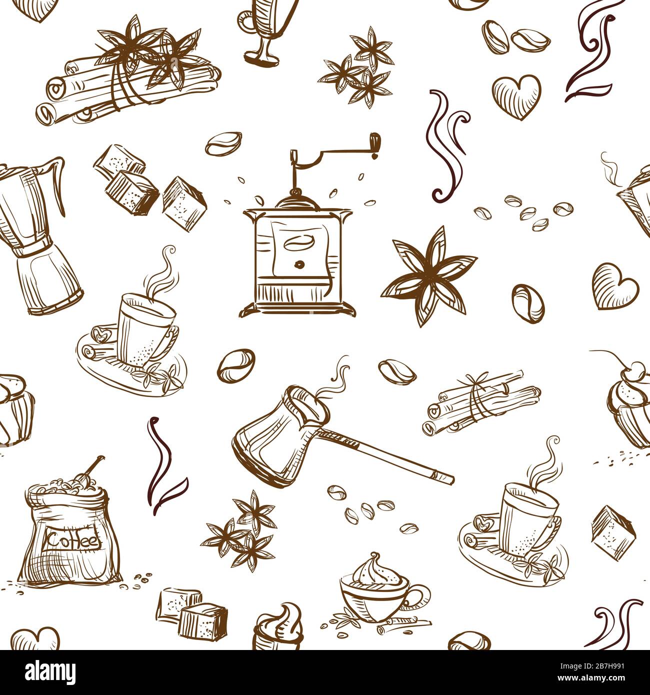Tema del caffè in stile doodle dal motivo senza cuciture. Icone di ...
