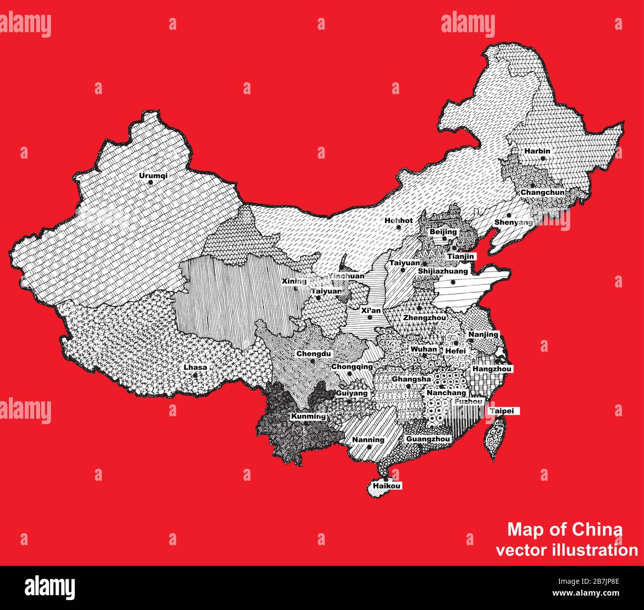 Mappa della Cina con regioni e città. Illustrazione grafica bianca e ...