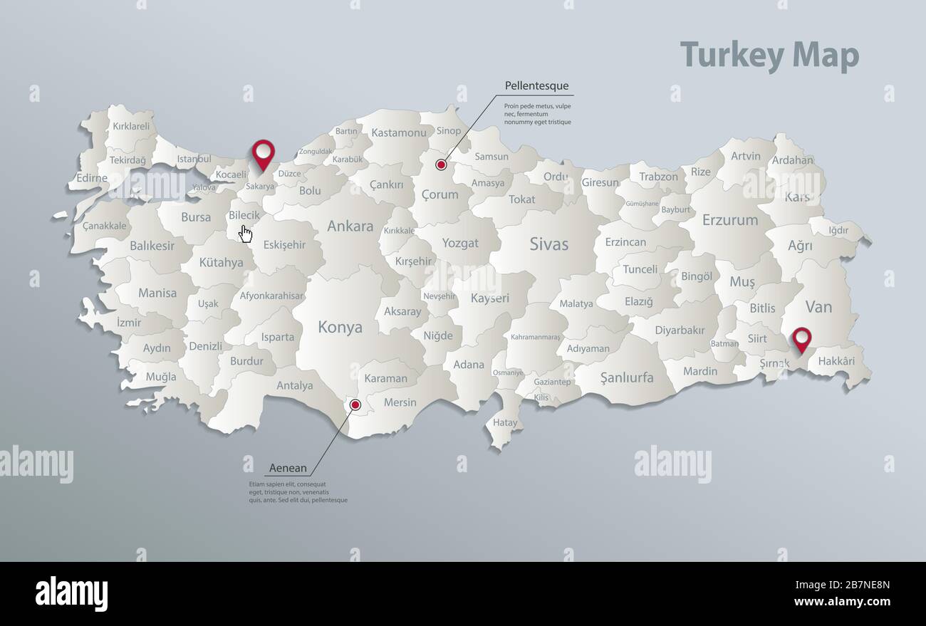 Mappa della Turchia, divisione amministrativa con nomi, carta bianca ...