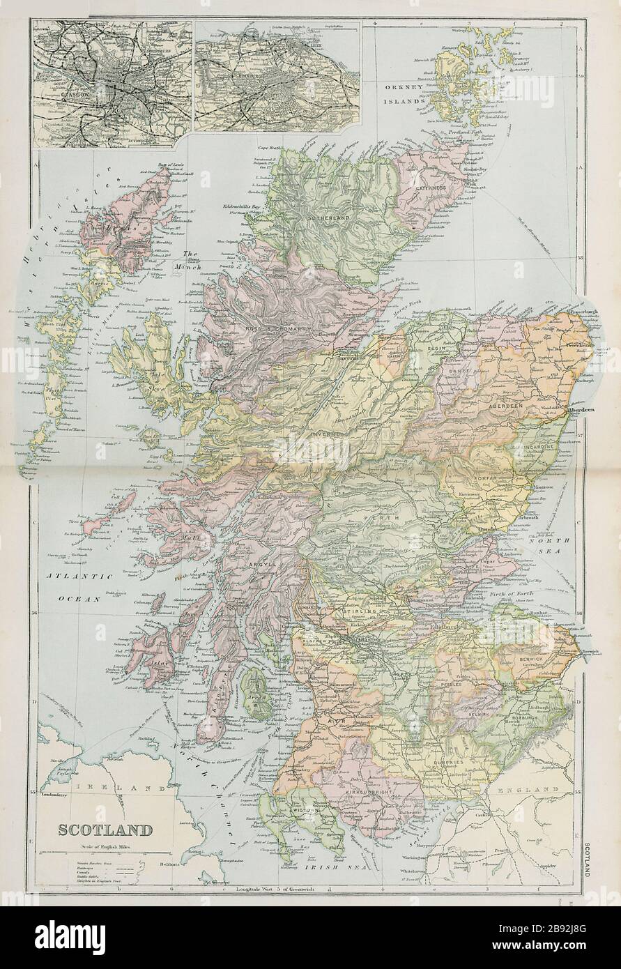 SCOTLAND. Inset Glasgow & Edinburgh. BACON 1900 vecchia mappa pianta ...