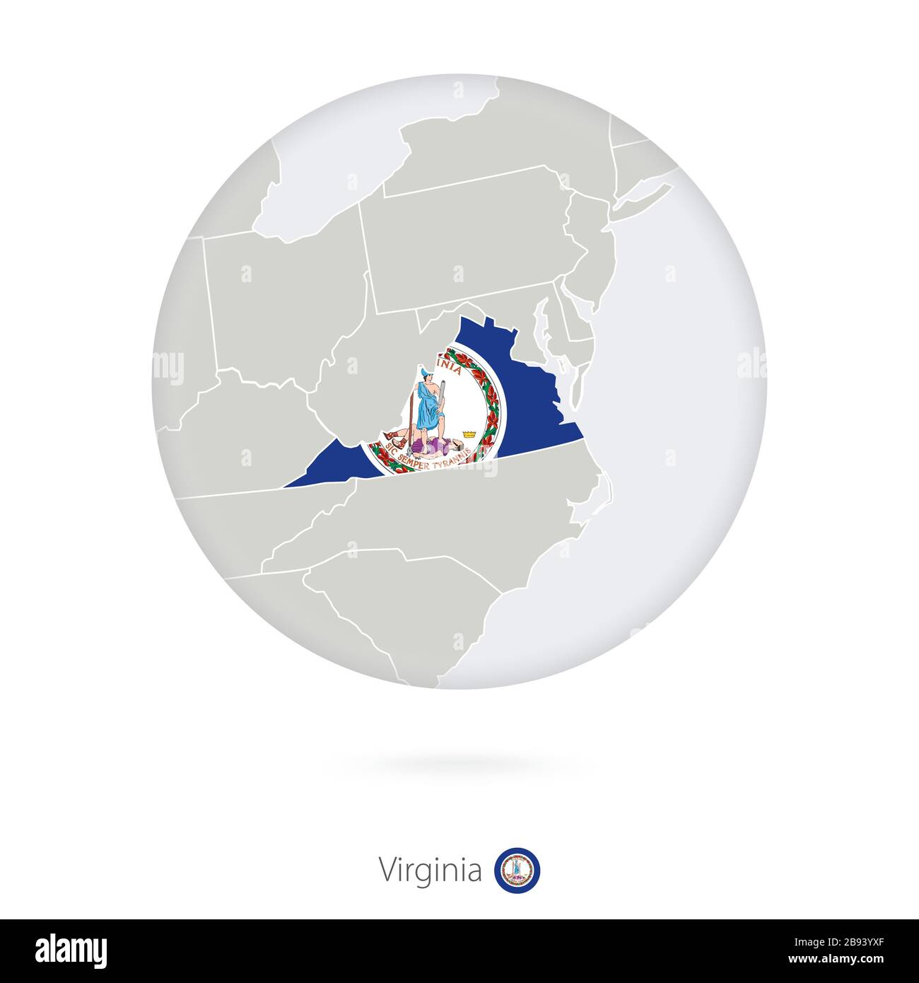 Mappa dello Stato della Virginia e bandiera in un cerchio. Mappa dello ...