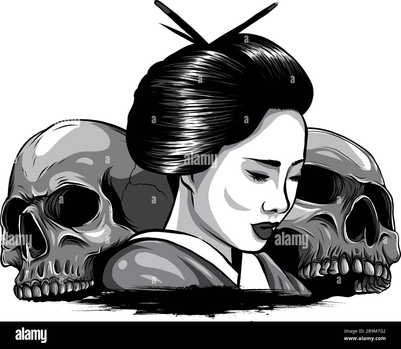 Illustrazione vettoriale monocromatica del cranio della geisha con ...