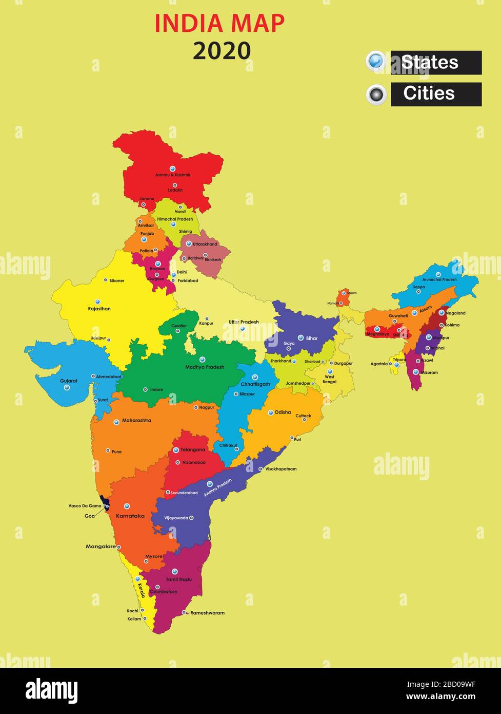 Popolare città in India.India mappa in 2020 con colore state.Vector ...