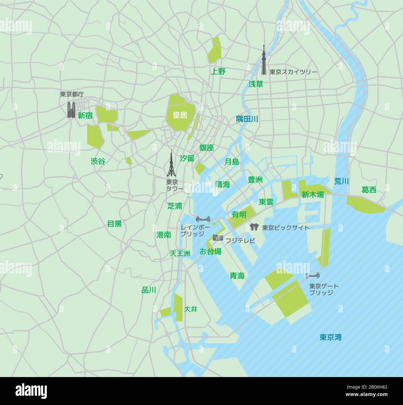 Mappa stradale della baia di Tokyo (con nomi dei luoghi e luoghi ...