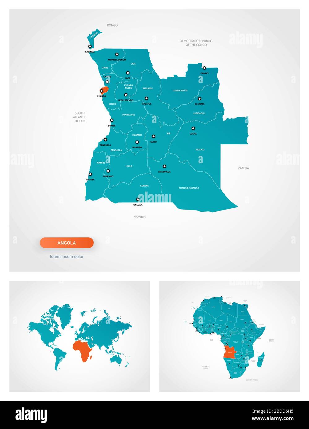 Modello modificabile di mappa dell'Angola con segni. Angola sulla mappa ...