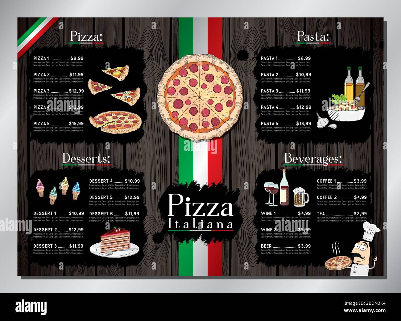 Tessera ristorante pizza - menu da tavolo (pizza, pasta, dessert ...