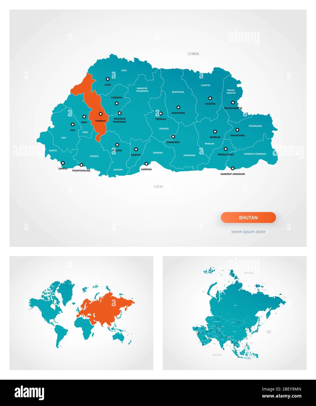 Modello modificabile di mappa del Bhutan con segni. Bhutan sulla mappa ...