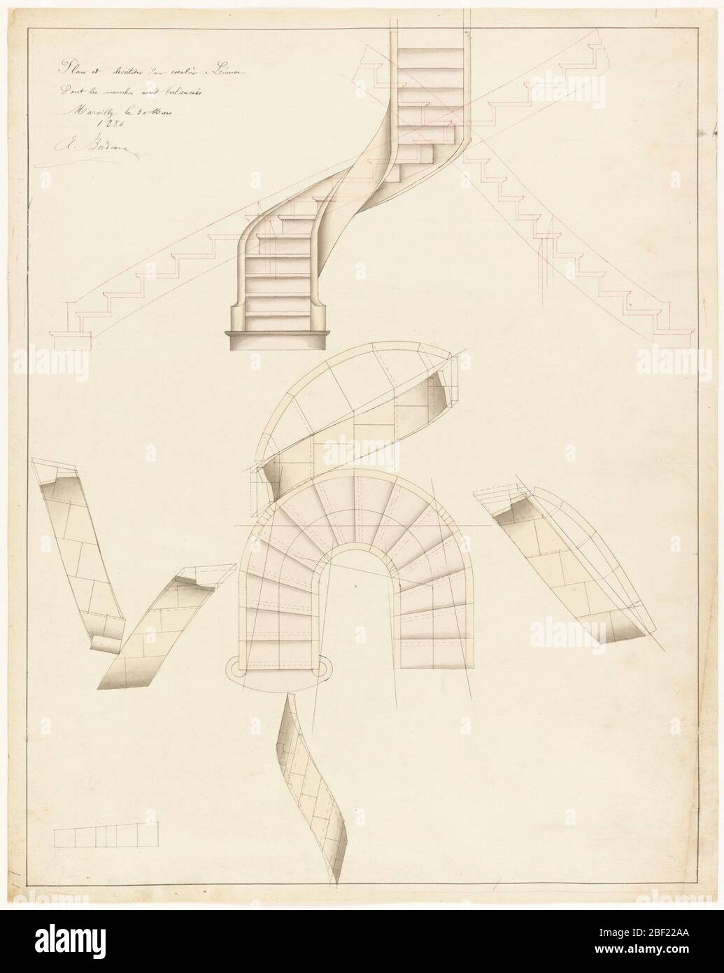 Vista in elevazione e in pianta per una scala a chiocciola. Disegni e ...