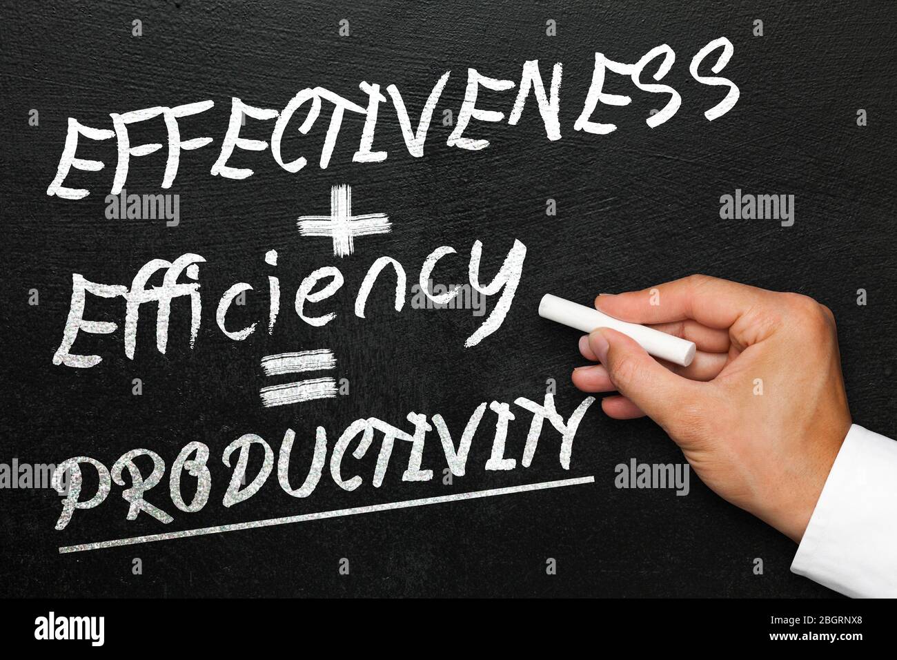 Lavagna con efficacia, efficienza e produttività del testo. Mano con ...