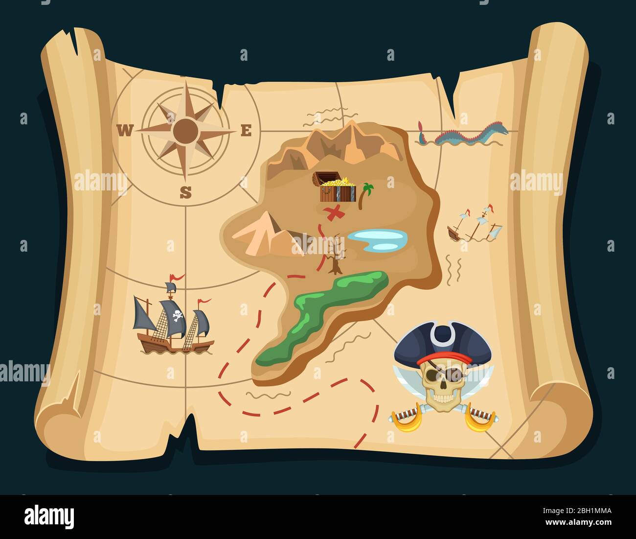 Vecchia mappa del tesoro per avventure pirata. Isola con il petto ...