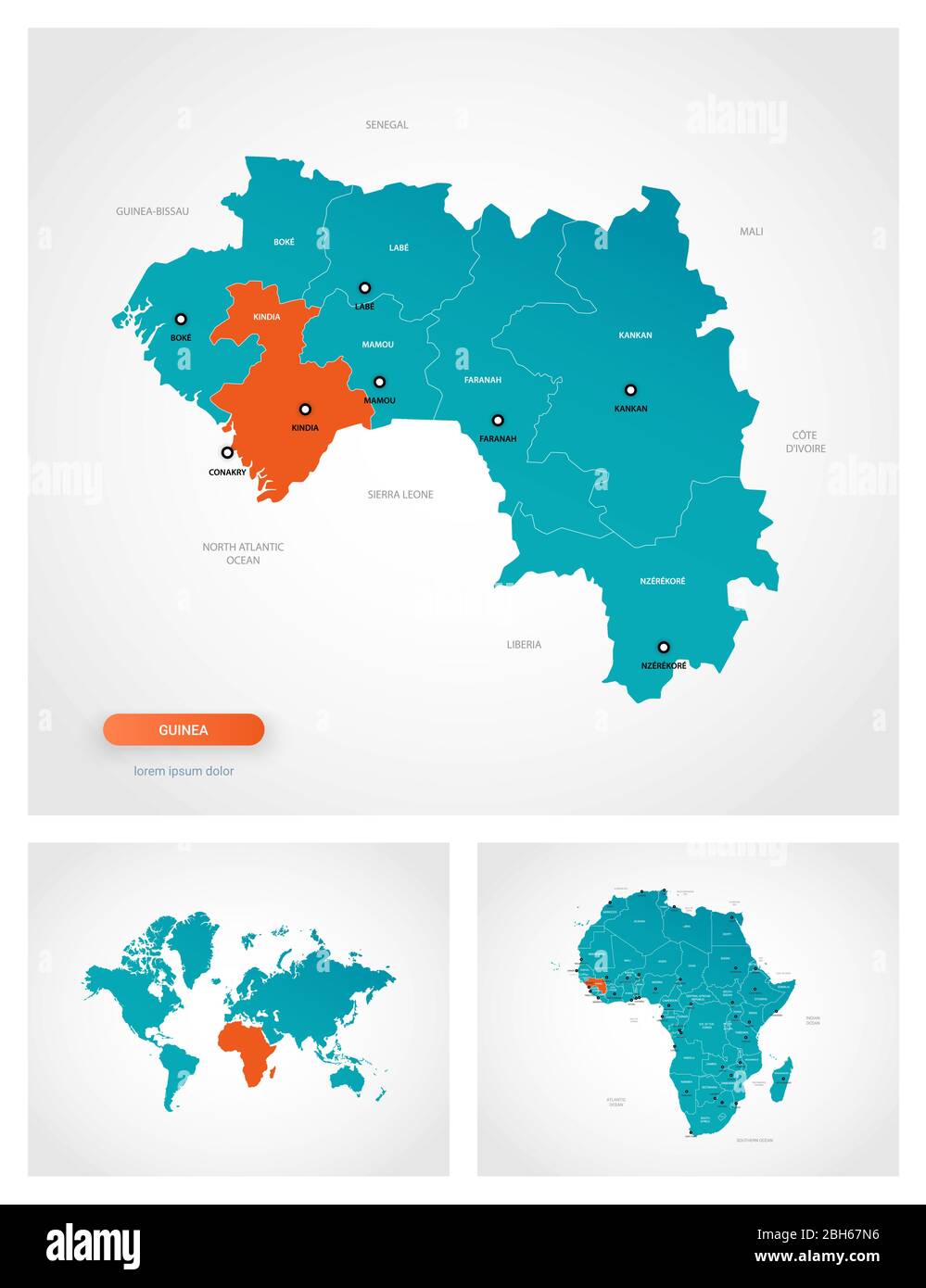Modello modificabile di mappa della Guinea con i segni. La Guinea sulla ...