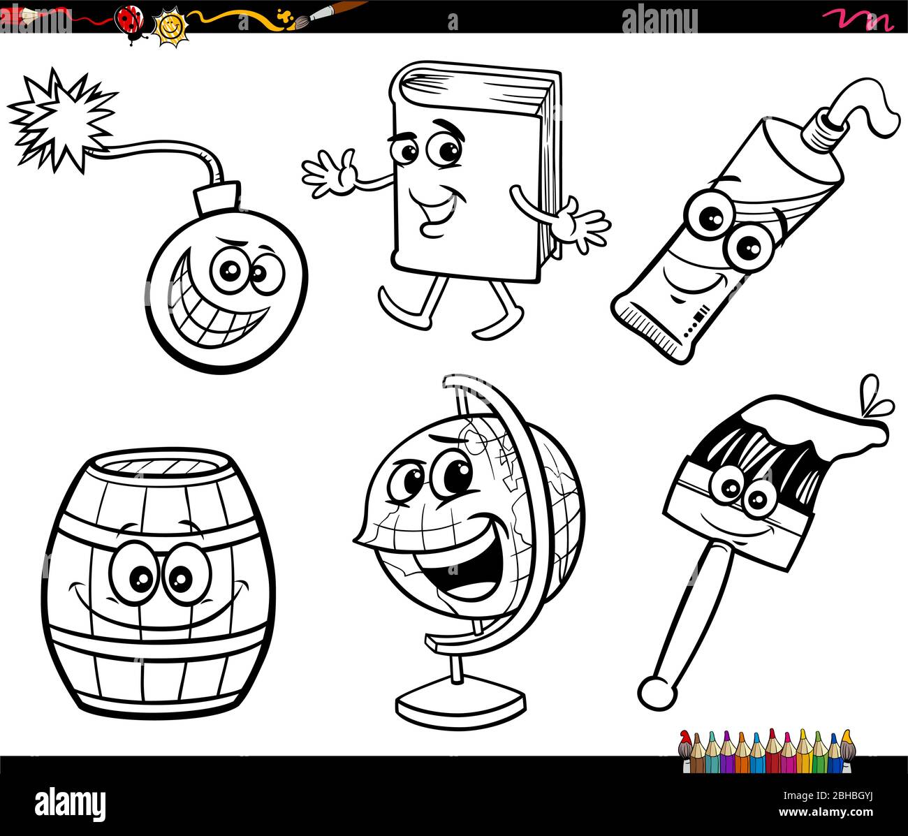 Cartoon in bianco e nero Illustrazione di oggetti divertenti personaggi ...