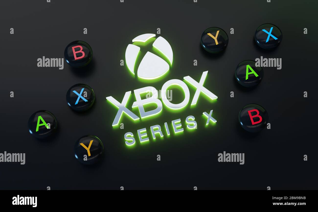 Xbox Series X Logo Glow intorno al pulsante joystick su sfondo scuro ...