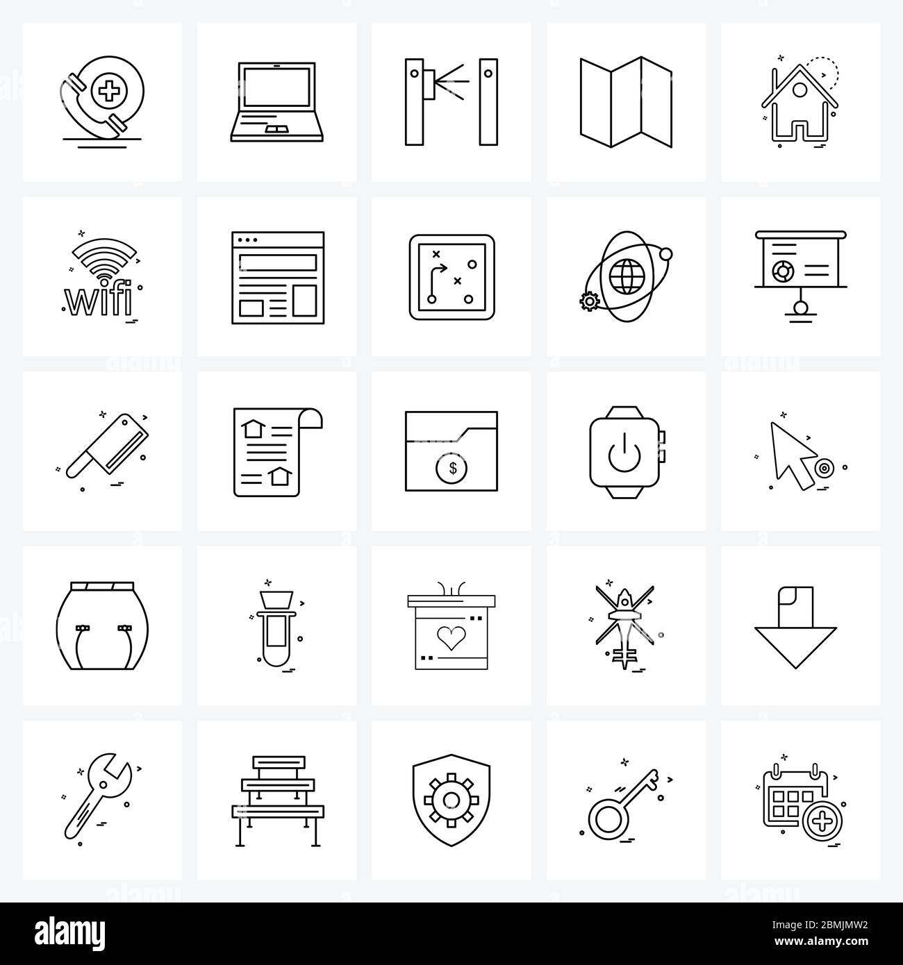 Simboli isolati Set di 25 icone semplici di edificio, pin, ingresso ...