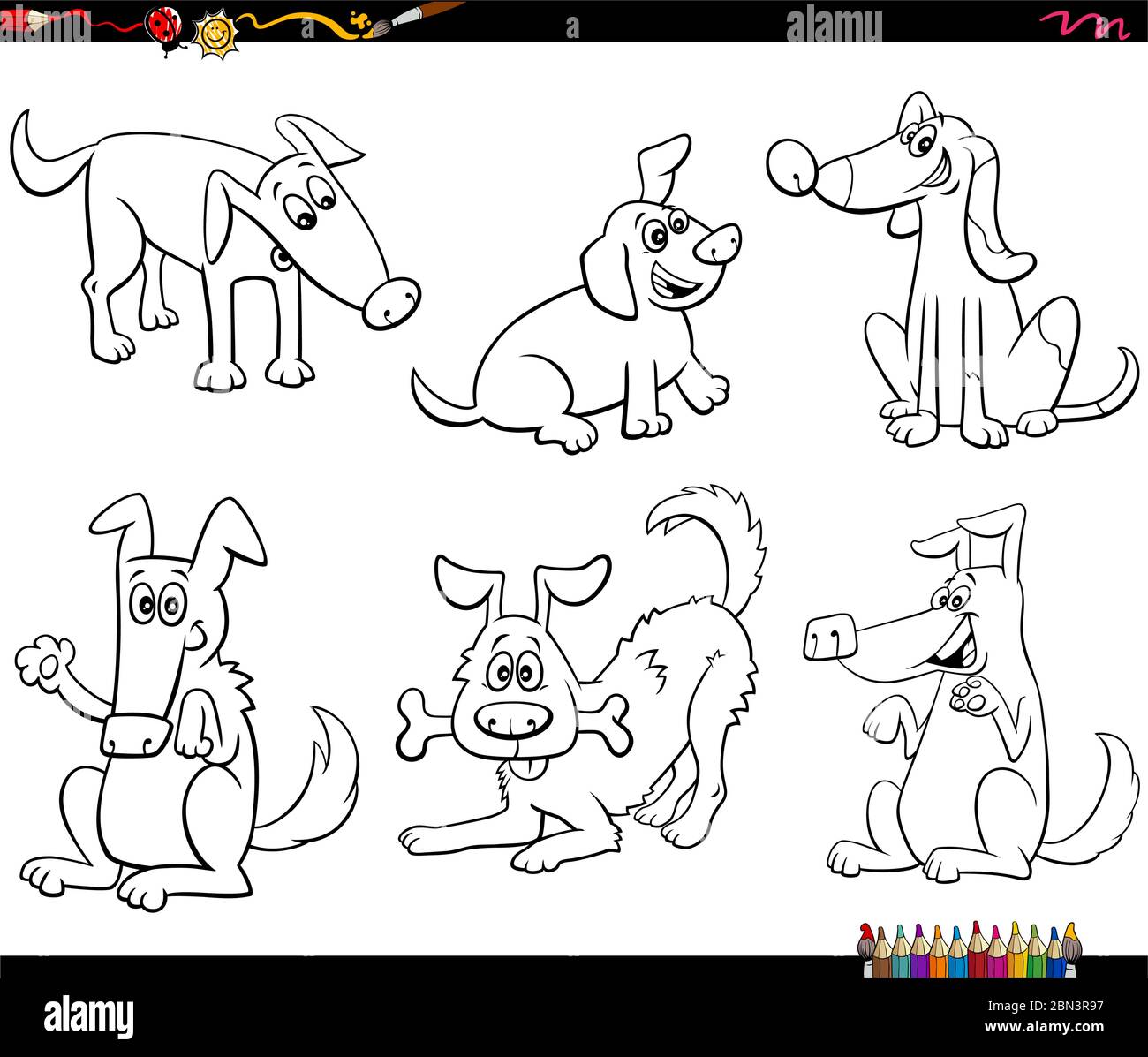 Cartoon in bianco e nero Illustrazione di divertenti cani e cuccioli ...