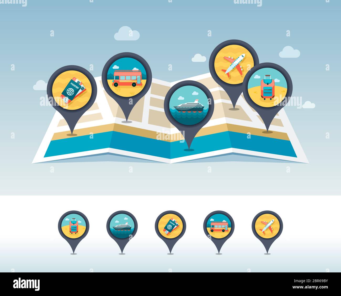 Aeroplano, biglietto di viaggio e passaporto, crociera, bagagli e ...