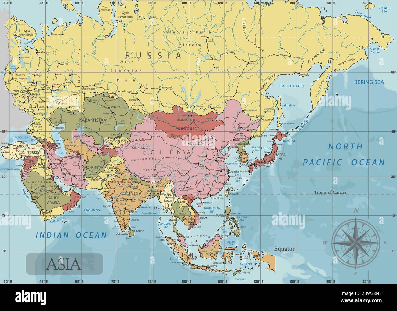 Asia - Mappa politica modificabile e molto dettagliata con livelli ...